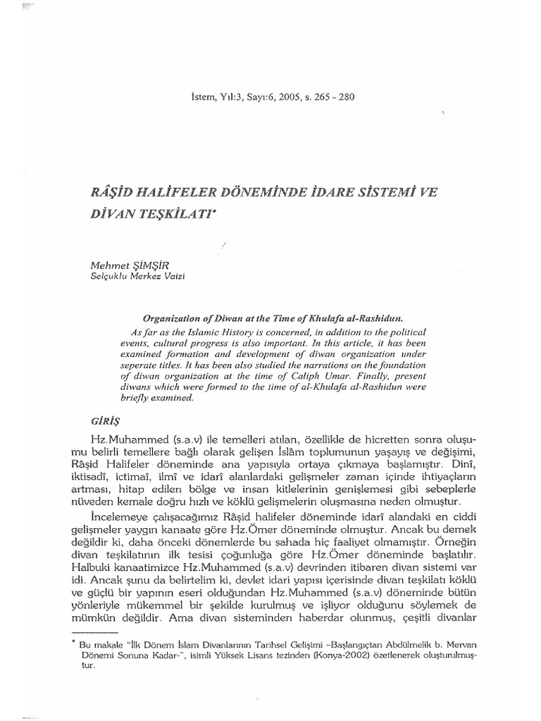 Raşid Halifeler Döneminde İdare Sistemi ve Divan Teşkilatı | PDF