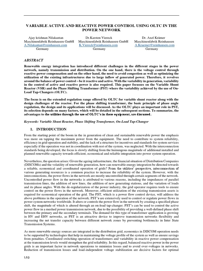 Variable Active and Reactive Power Control Using Oltc in The Power Network | PDF | Electric ...