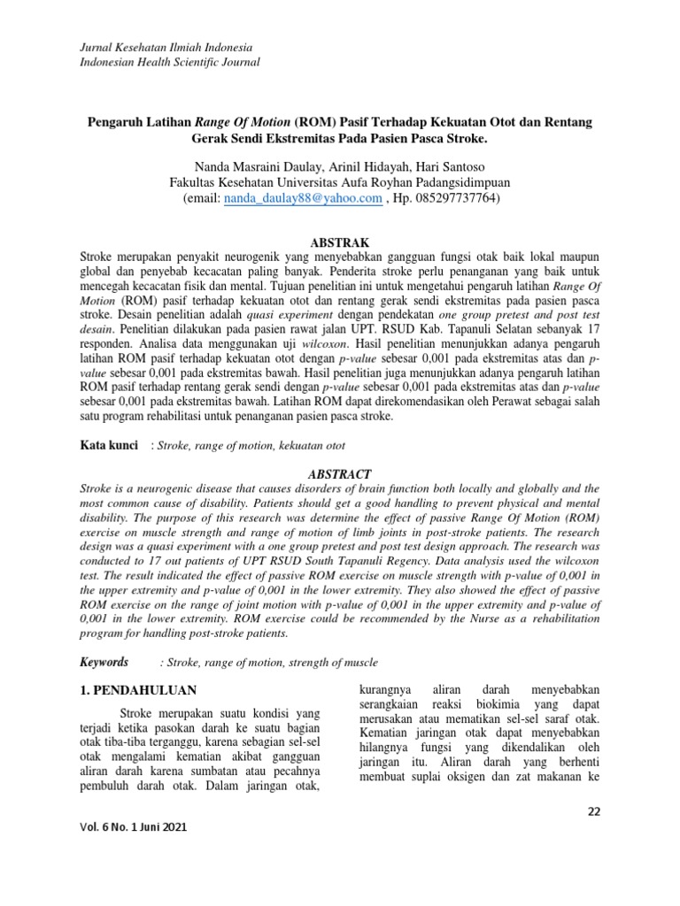 Pengaruh Latihan Range of Motion (ROM) Pasif Terhadap Kekuatan Otot Dan Rentang Gerak Sendi ...