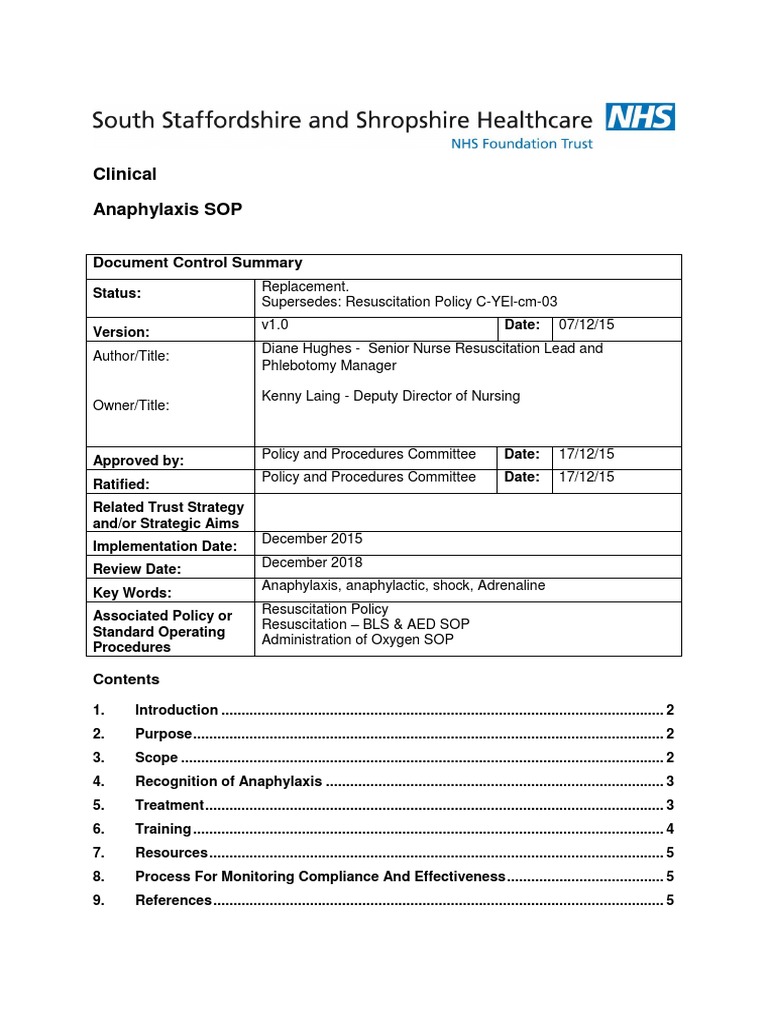 Anaphylaxis SOP | PDF | Pharmacy | Dose (Biochemistry)