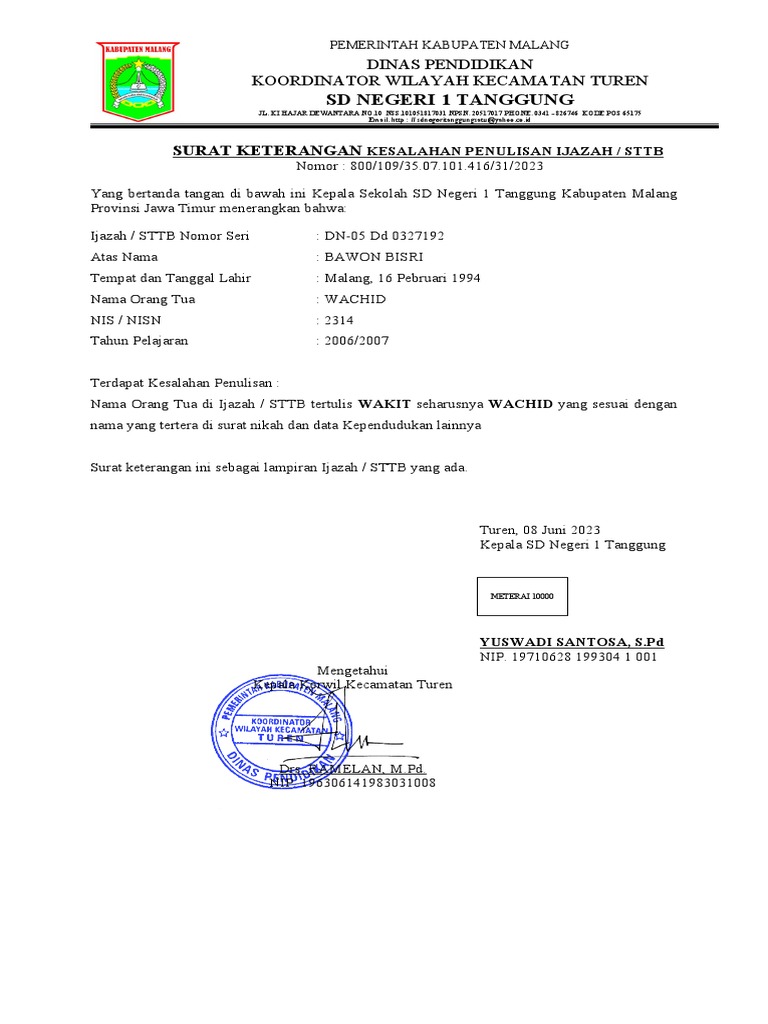 Surat Keterangan Kesalahan Penulisan Ijazah-Sttb | PDF