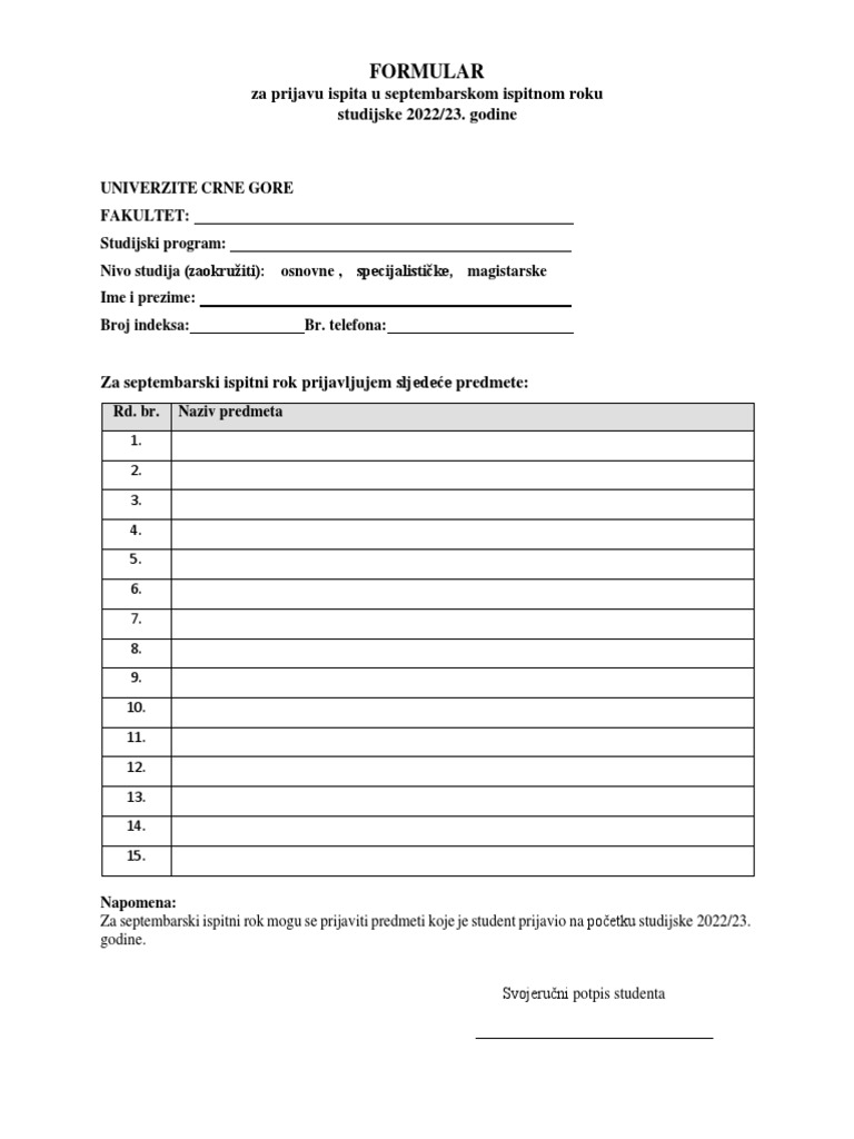 FORMULAR Za Prijavu Ispita - 1 | PDF