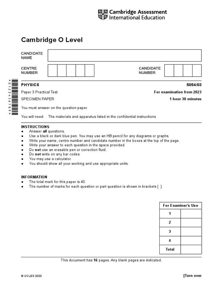 Cambridge O Level: PHYSICS 5054/03 | PDF | Equipment