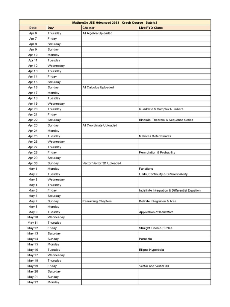 Schedule Jee Advanced 2023 Batch 2 | PDF | Integral | Vector Space