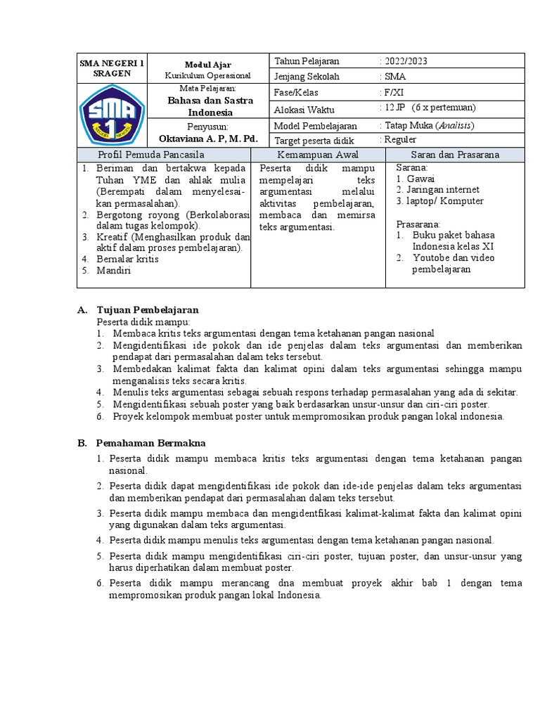 OKTA 1. Modul Ajar XI - Teks Argumentasi | PDF