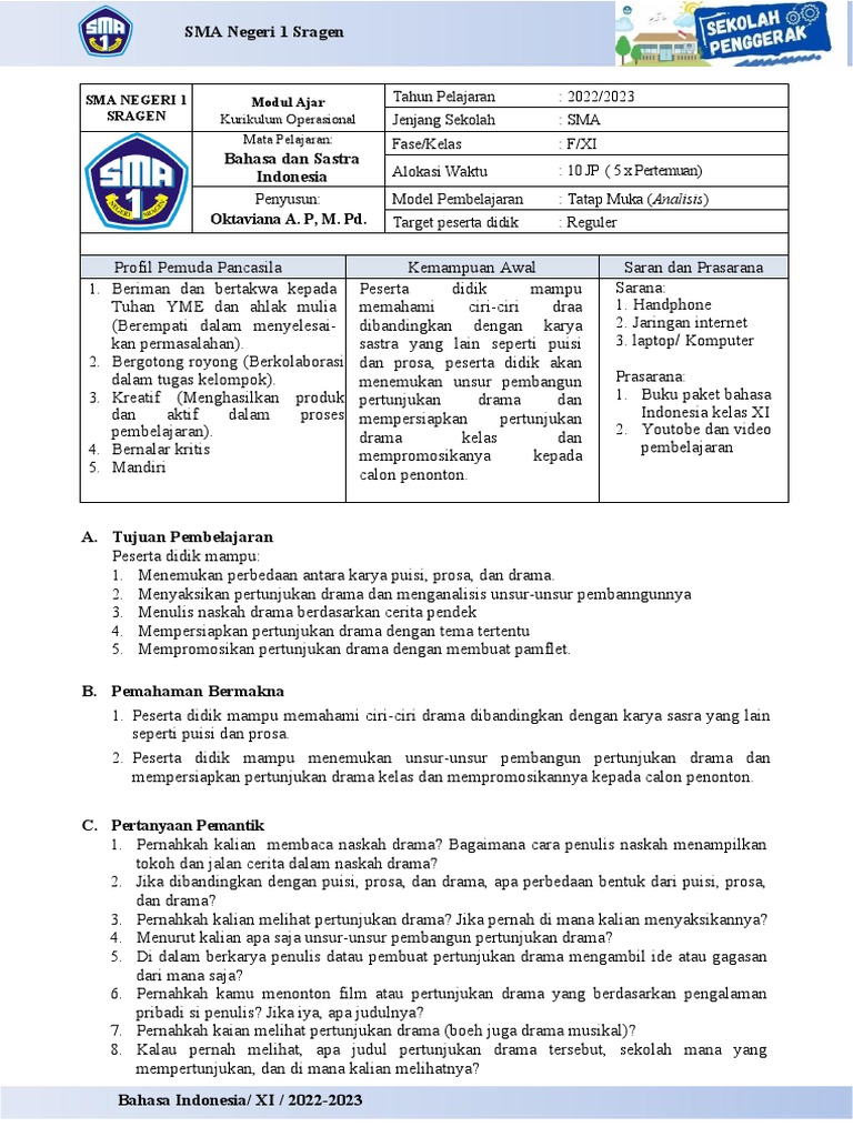 OKTA 5. Modul Ajar XI - Drama | PDF | Seni & Disiplin Bahasa