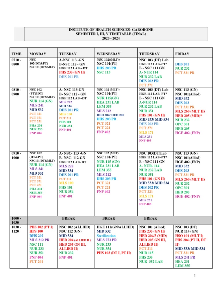 SEMESTER ONE 2023-2024 Timetable Draft Final For IHSG | PDF | Health Care