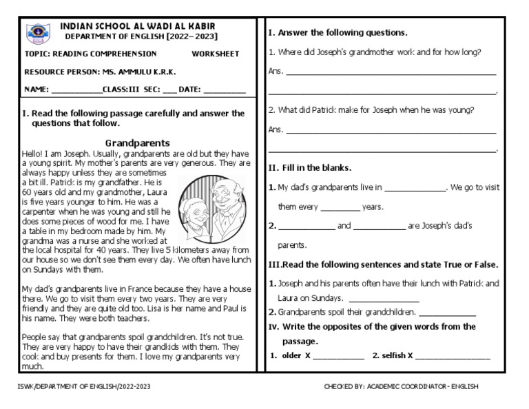 8516439-WS 1 - Reading Comprehension - 3 | PDF | Grandparent | Human ...