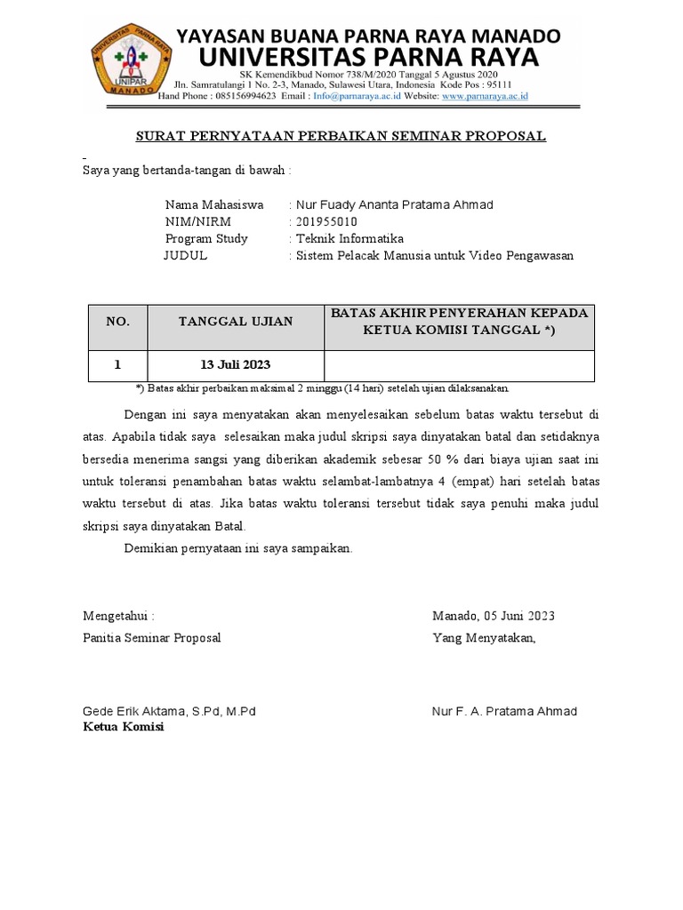 Lembar Pernyataan Seminar Proposal | PDF