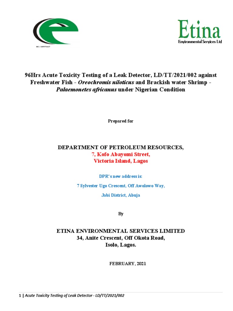 96Hrs Acute Toxicity Testing of A Leak Detector | PDF | Toxicity ...