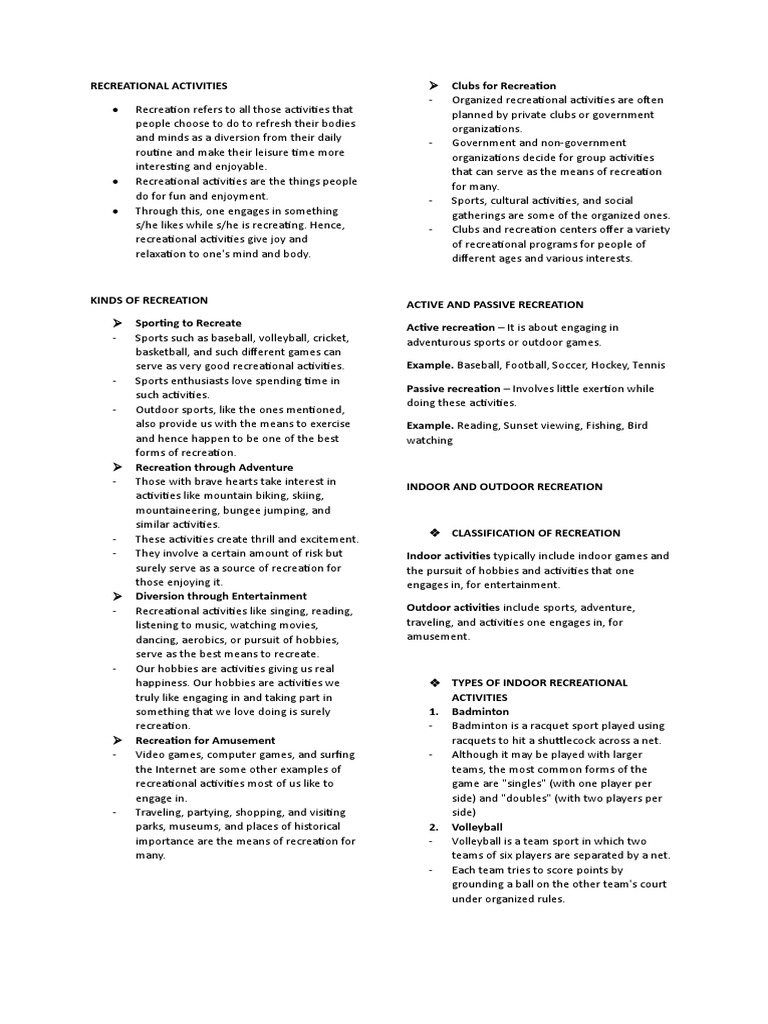 Recreational Activities | PDF | Recreation | Snorkeling