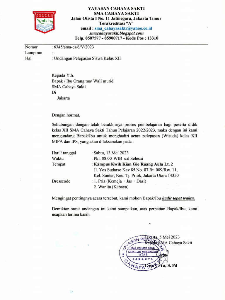 Surat Undangan Graduation @2022,2023 - Orangtua XII | PDF