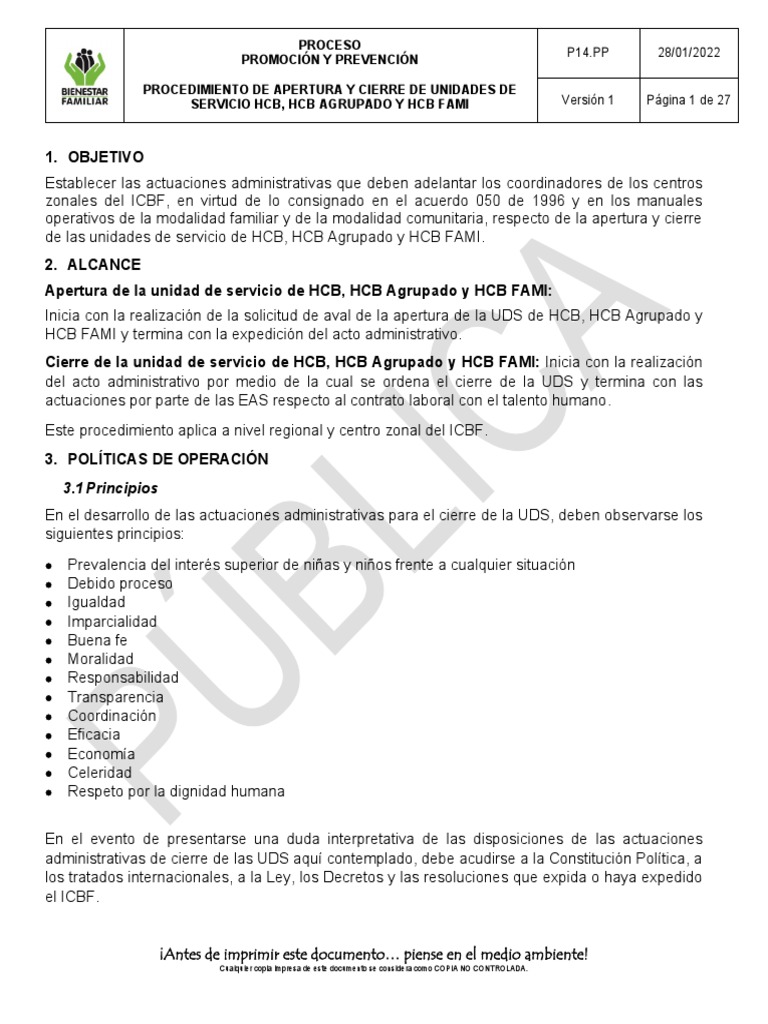 p14.Pp Procedimiento Apertura y Cierre de Unidades de Servicio HCB - HCB Agrupado y HCB Fami v1 ...