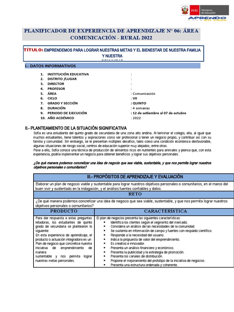Planificador Exp 6 Quinto | PDF | Aprendizaje | Iniciativa empresarial
