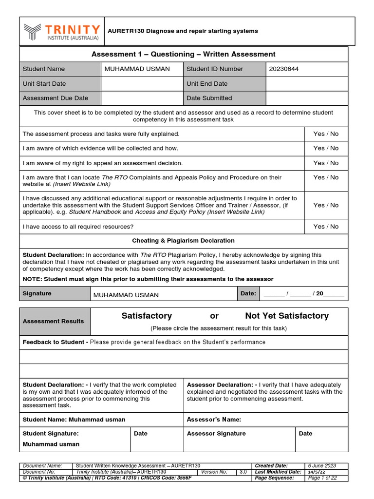 AURETR130 - Assessment 1 - Written Knowledge Questions - V3 | PDF ...