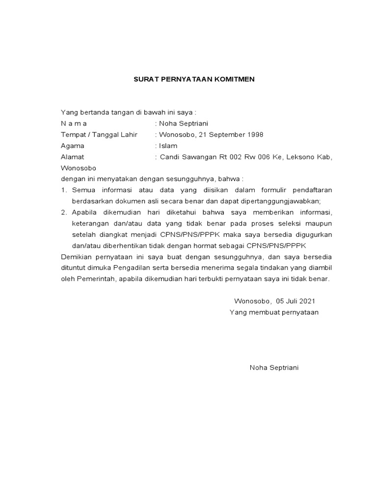 Contoh Surat Pernyataan Komitmen | PDF