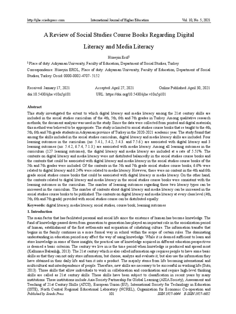 A Review of Social Studies Course Books Regarding Digital Literacy and ...