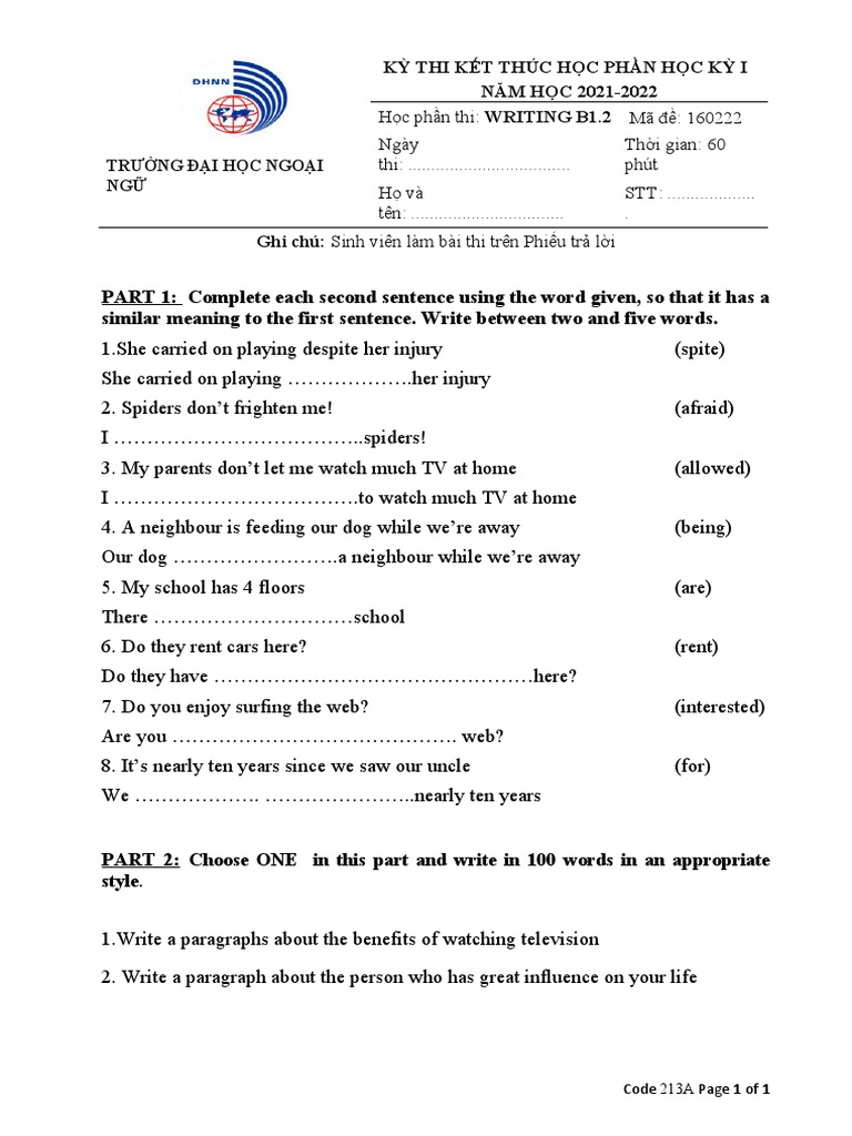 B1.2 Writing - de Thi KTHP | PDF