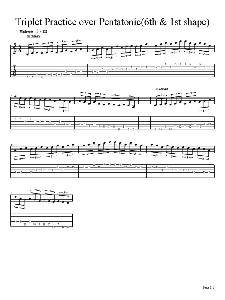 Triplet Practice Over Pentatonic (6th & 1st Shape) | PDF