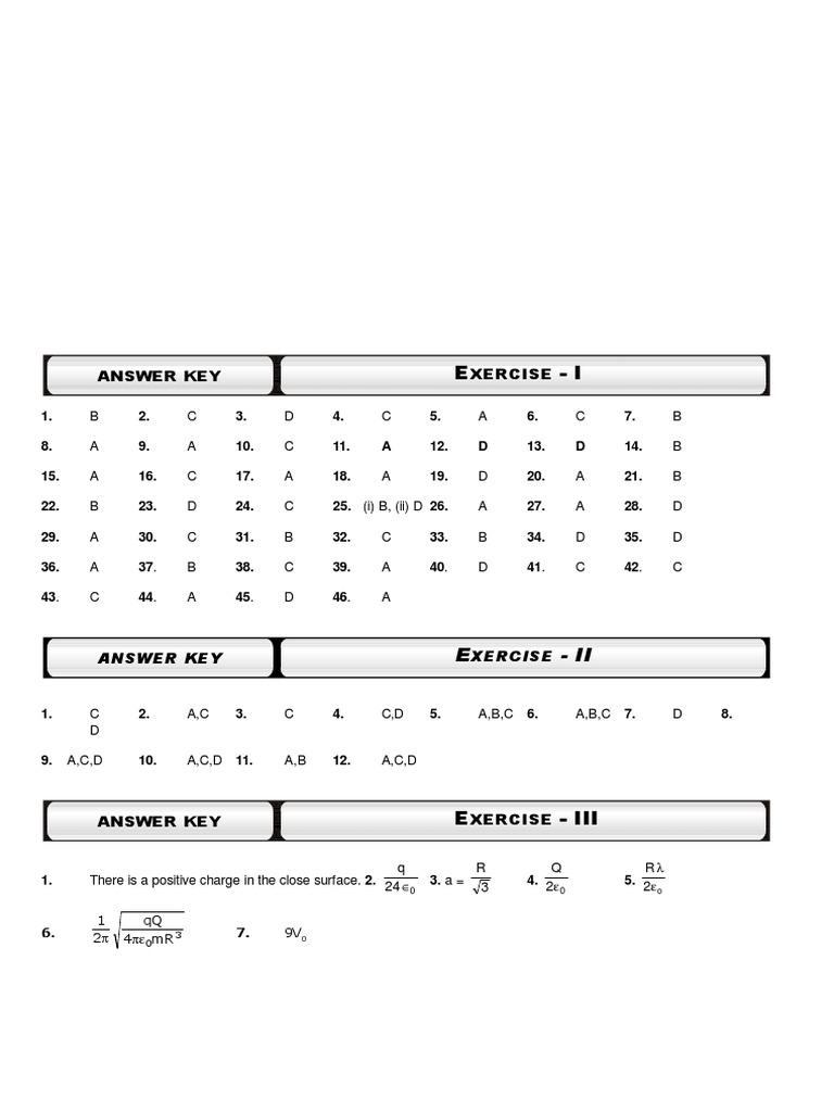 Electrostatics Exercise Answer Key | PDF | Electricity | Electrical ...