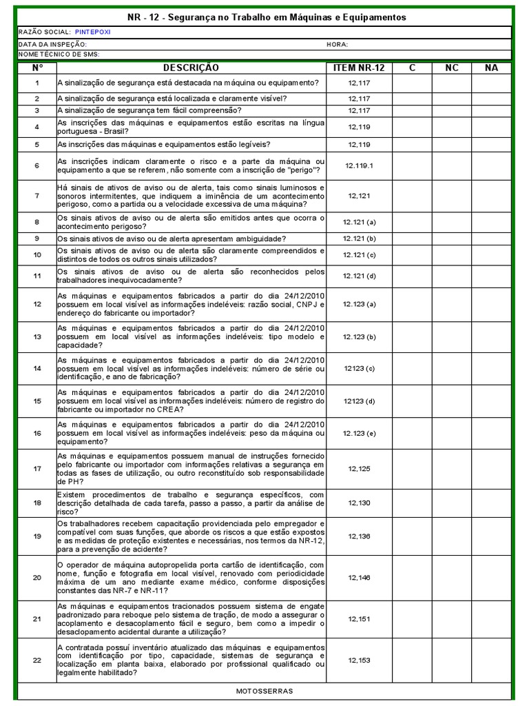 Check-list NR - 12 - Segurança no Trabalho em Máquinas e Equipamentos | PDF