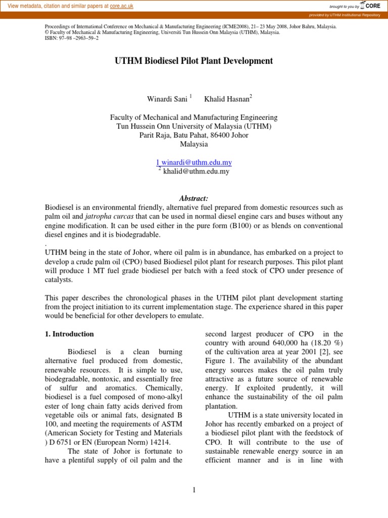 UTHM Biodiesel Pilot Plant Development: 1 Winardi@uthm - Edu.my | PDF | Biodiesel | Diesel Fuel