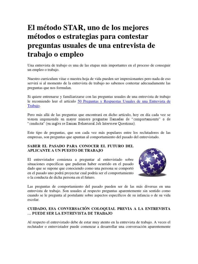 El método STAR | PDF | Entrevista de trabajo | Comportamiento