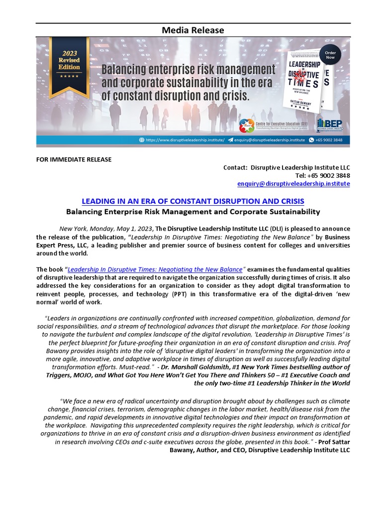 Press Release On 2023 Rev Edition Leadership In Disruptive Times Pdf