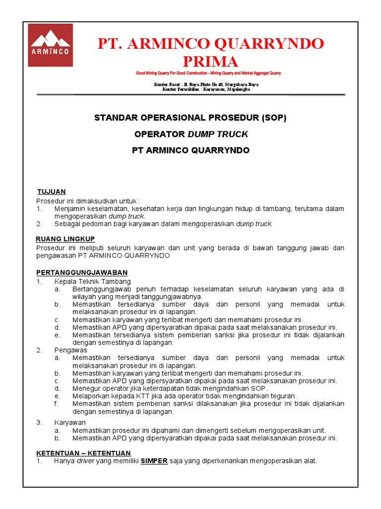 SOP Pengoperasian Dump Truck Arminco | PDF