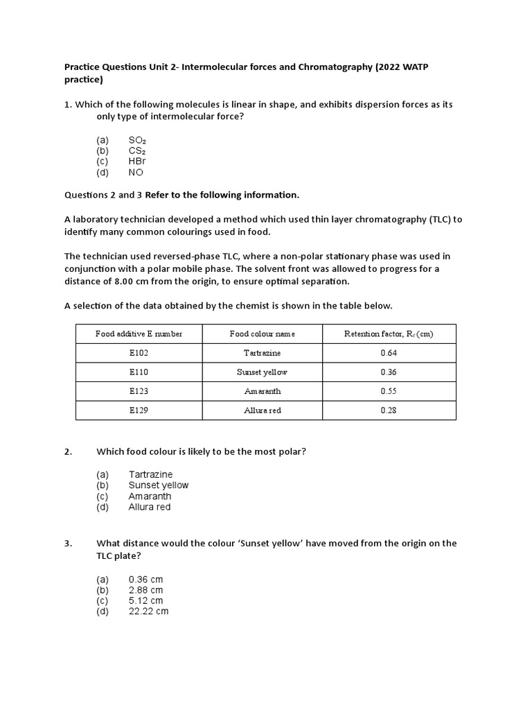 Practice Questions Unit 2 | PDF | Thin Layer Chromatography | Chromatography