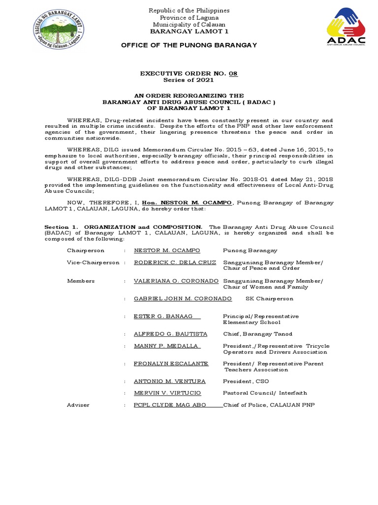 E.O Badac 2021 - Re Organize | PDF | Substance Abuse | Drug Rehabilitation