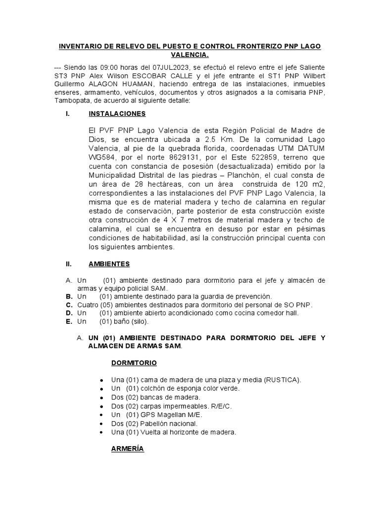 Inventario de Relevo Del PVF PNP Lago Valencia | PDF | Rifle | Equipo