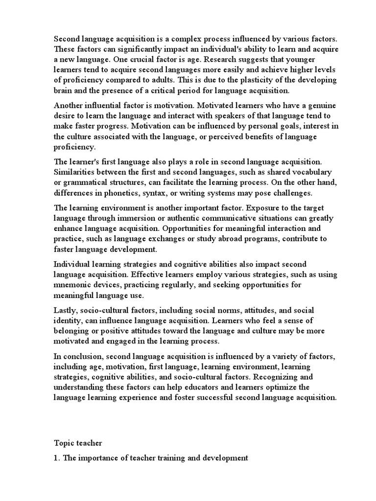 Second Language Acquisition Is A Complex Process Influenced by Various Factors | PDF | Second ...