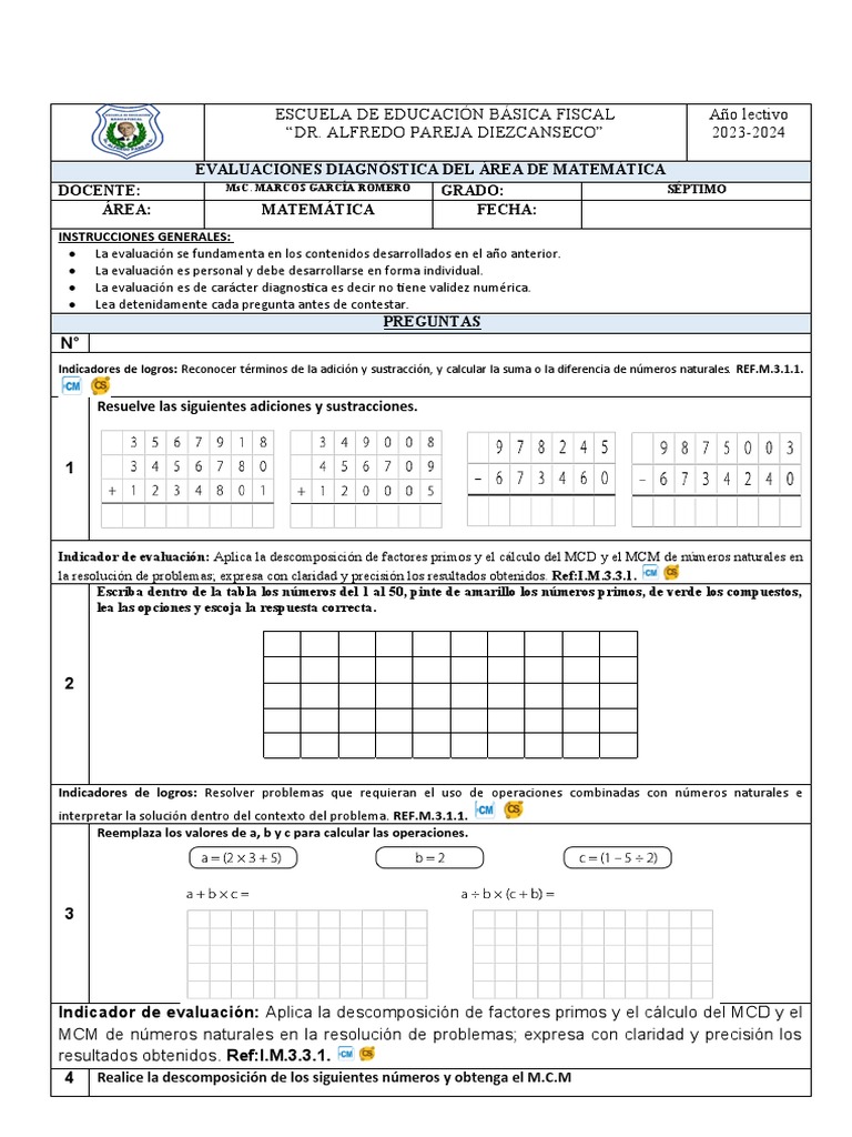 7MO - MATE- EVALUACION - DIAGÓSTICA | PDF | Números | Matemática Elemental