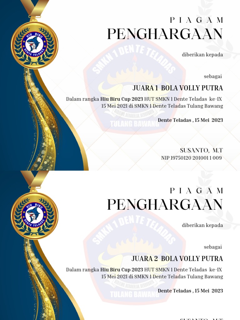 Piagam Penghargaan Futsal Volly SMKN 1 Dente Teladas | PDF