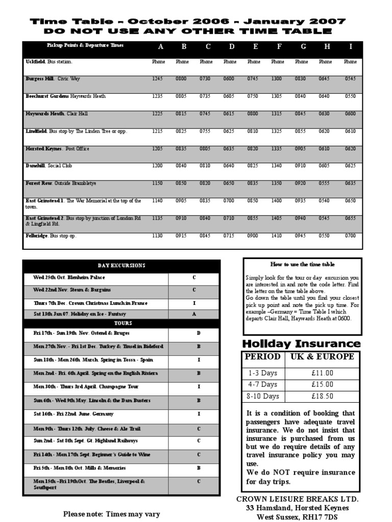 Time Table Oct 06 To Jan 07 | PDF | Leisure
