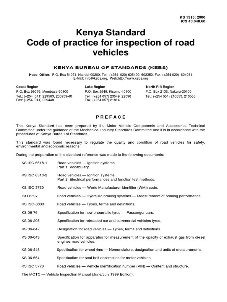 Kenya Standard Code of Practice For Inspection of Road Vehicles | PDF ...