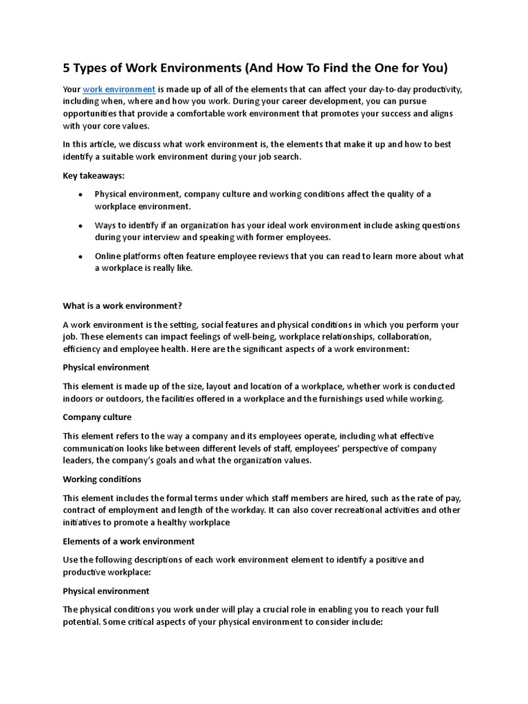 5 Types of Work Environments | PDF | Employment | Occupational Safety ...