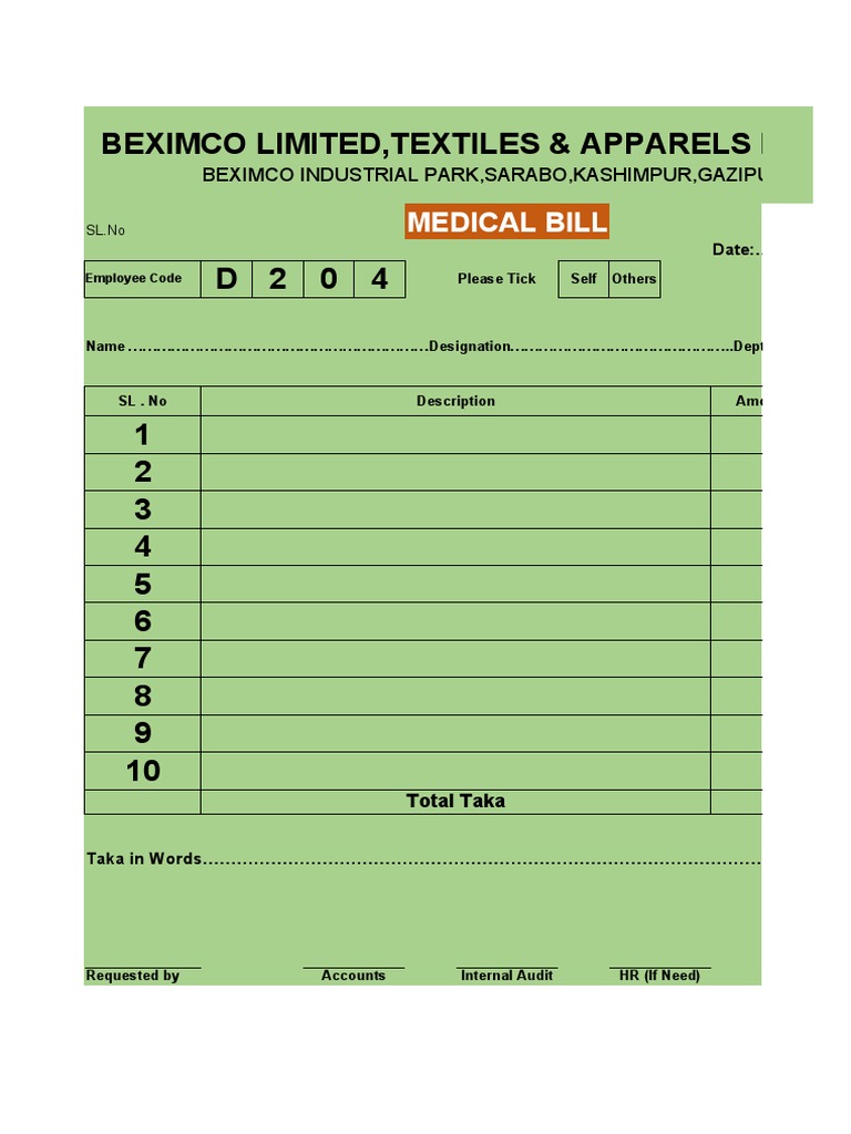 Beximco Limited, Textiles & Apparels Division: Medical Bill | PDF