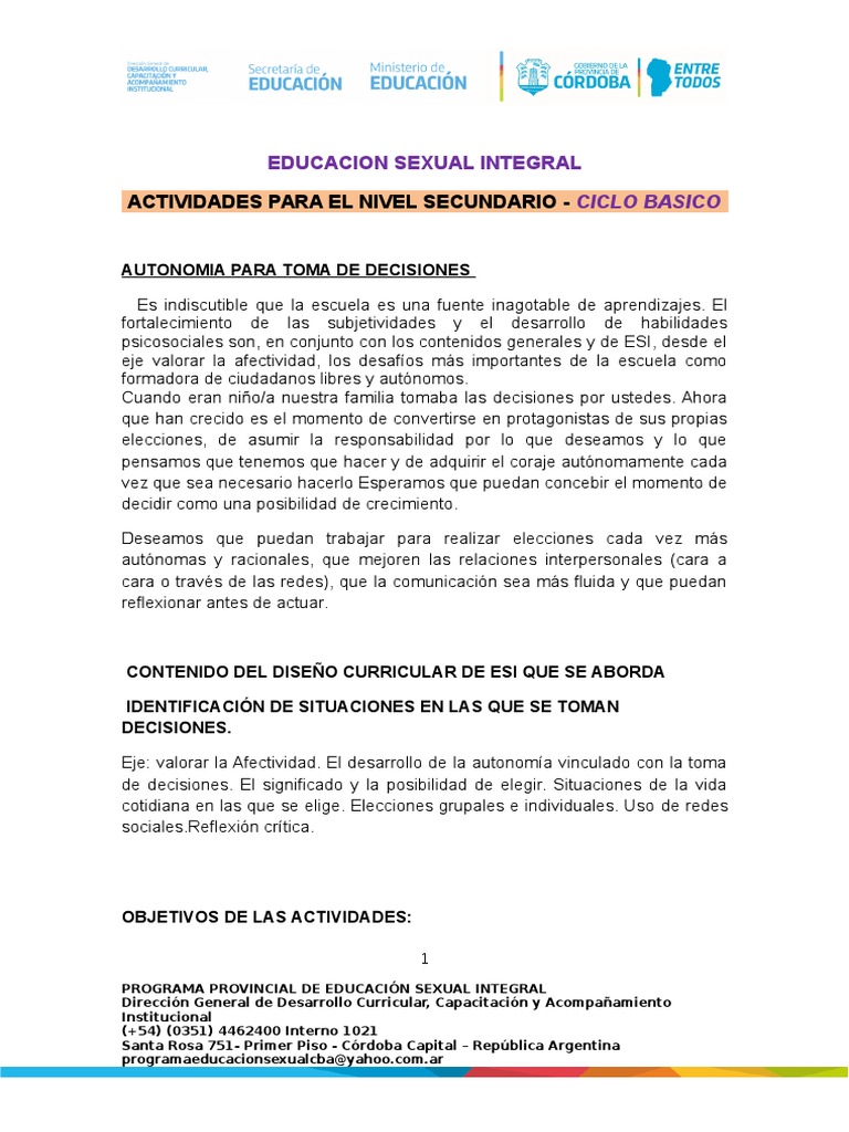 Recursos ESI - Nivel Secundario - Ciclo Básico - Entrada 2 | PDF | Educación sexual