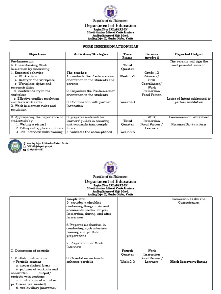 Work Immersion Action Plan | PDF | Résumé | Learning