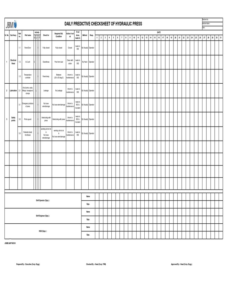 234 Preventive Check Sheets of Hydraulic Press Rev 1 | PDF | Switch ...