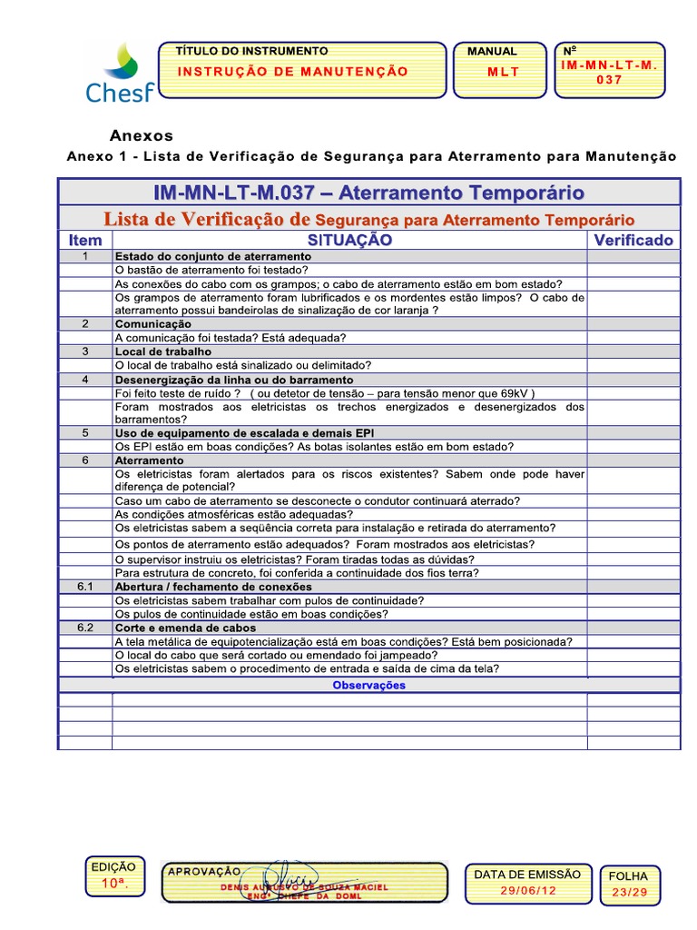 Lista de Verificação de Segurança para Aterramento para Manutenção | PDF