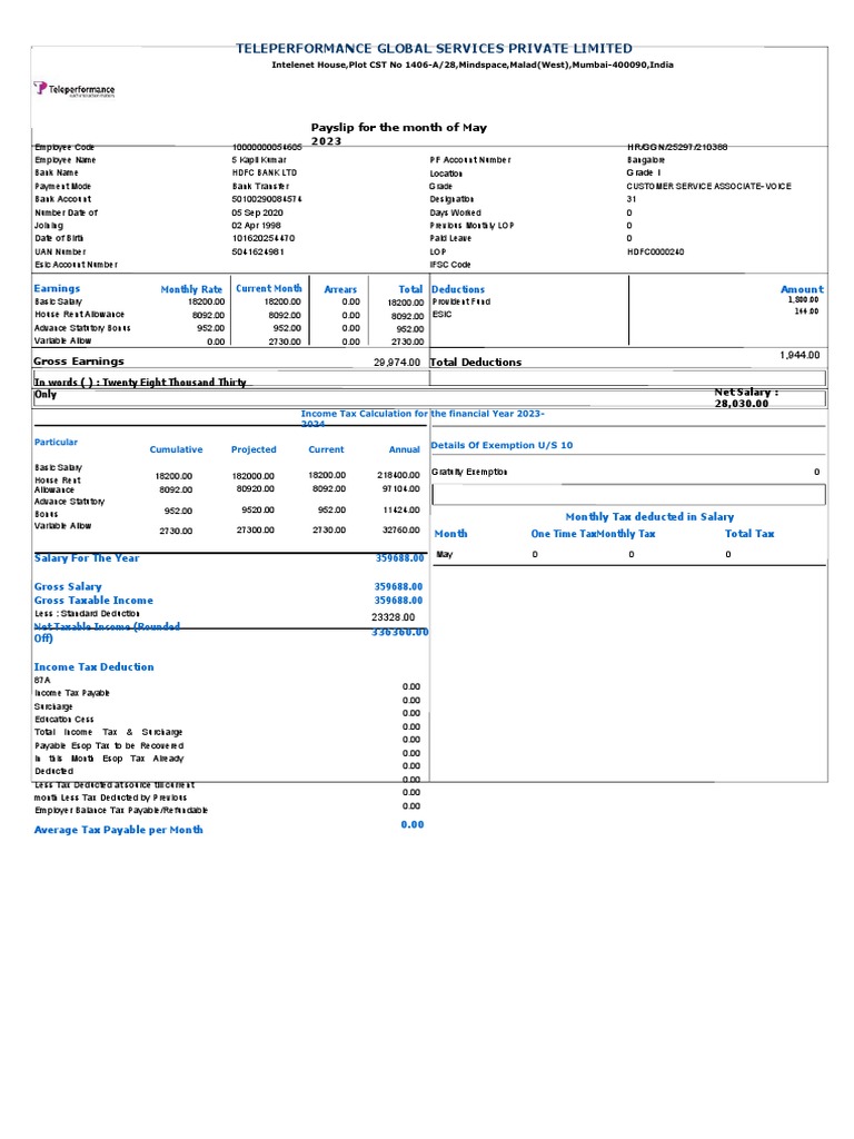 Payslip 2023 2024 5 100000000546055 IGSL PDF | PDF | Taxes | Salary