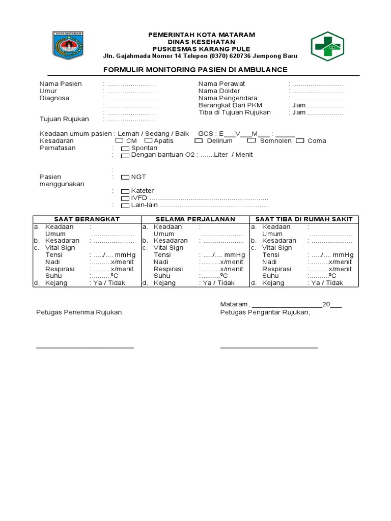 Formulir Monitoring Pasien Di Ambulance | PDF