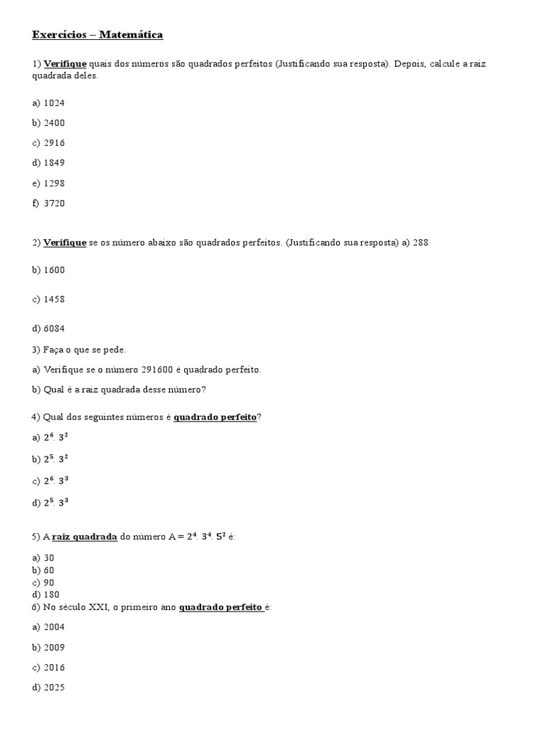 exercícios - quadrado perfeito | PDF