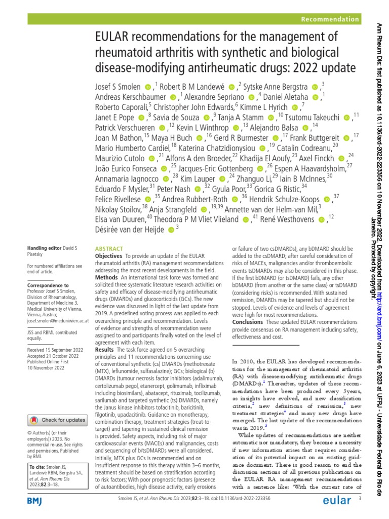 EULAR Recommendations For The Management of Rheumatoid Arthritis With ...