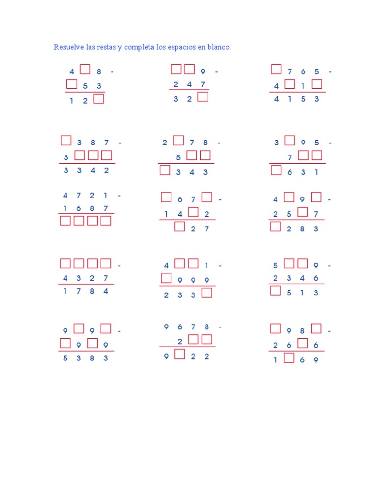 Resuelve Las Restas y Completa Los Espacios en Blanco | PDF