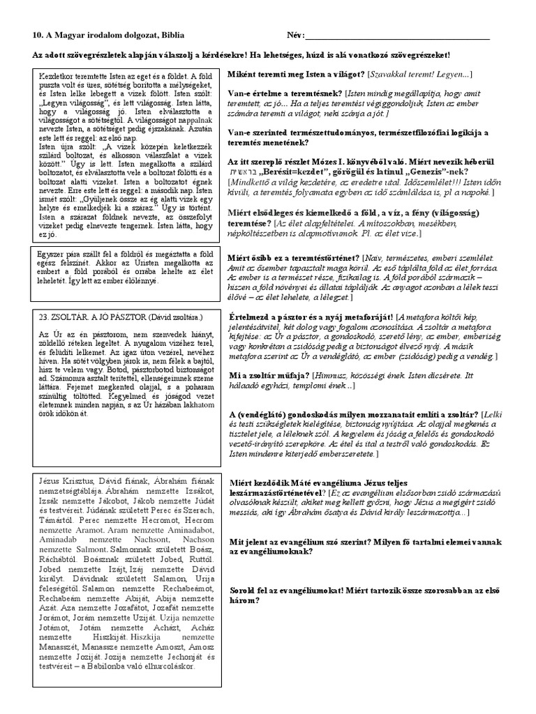 10 A Irodalom Dolgozat Biblia | PDF