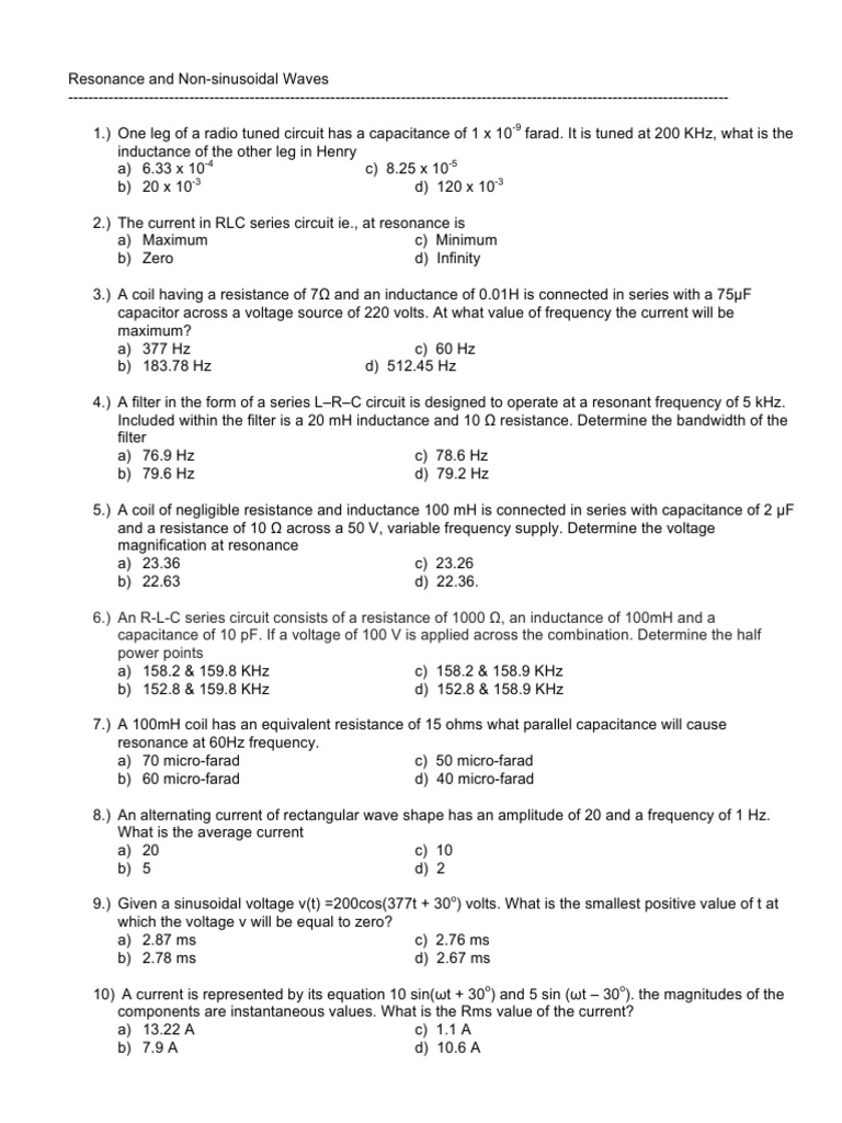 8 1 Resonance And Non Sinusoidal Waves Questions Pdf Resonance Inductance